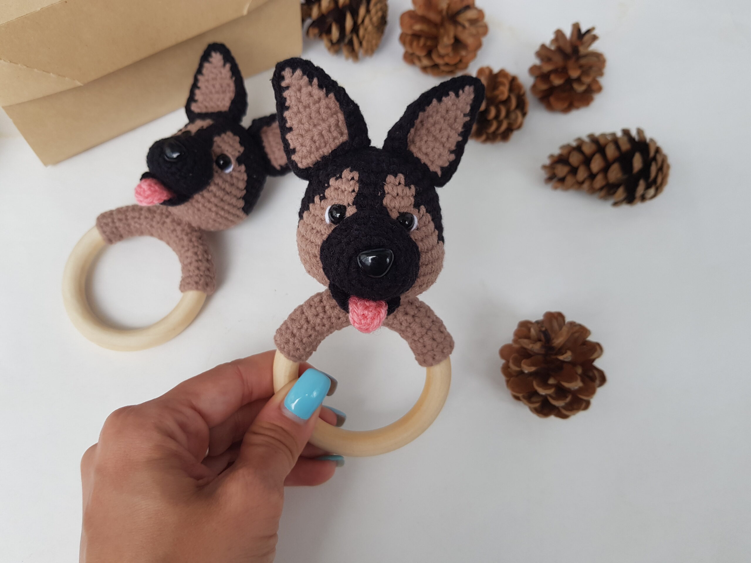 Crochet pattern baby rattle amigurumi Dog German Shepherd