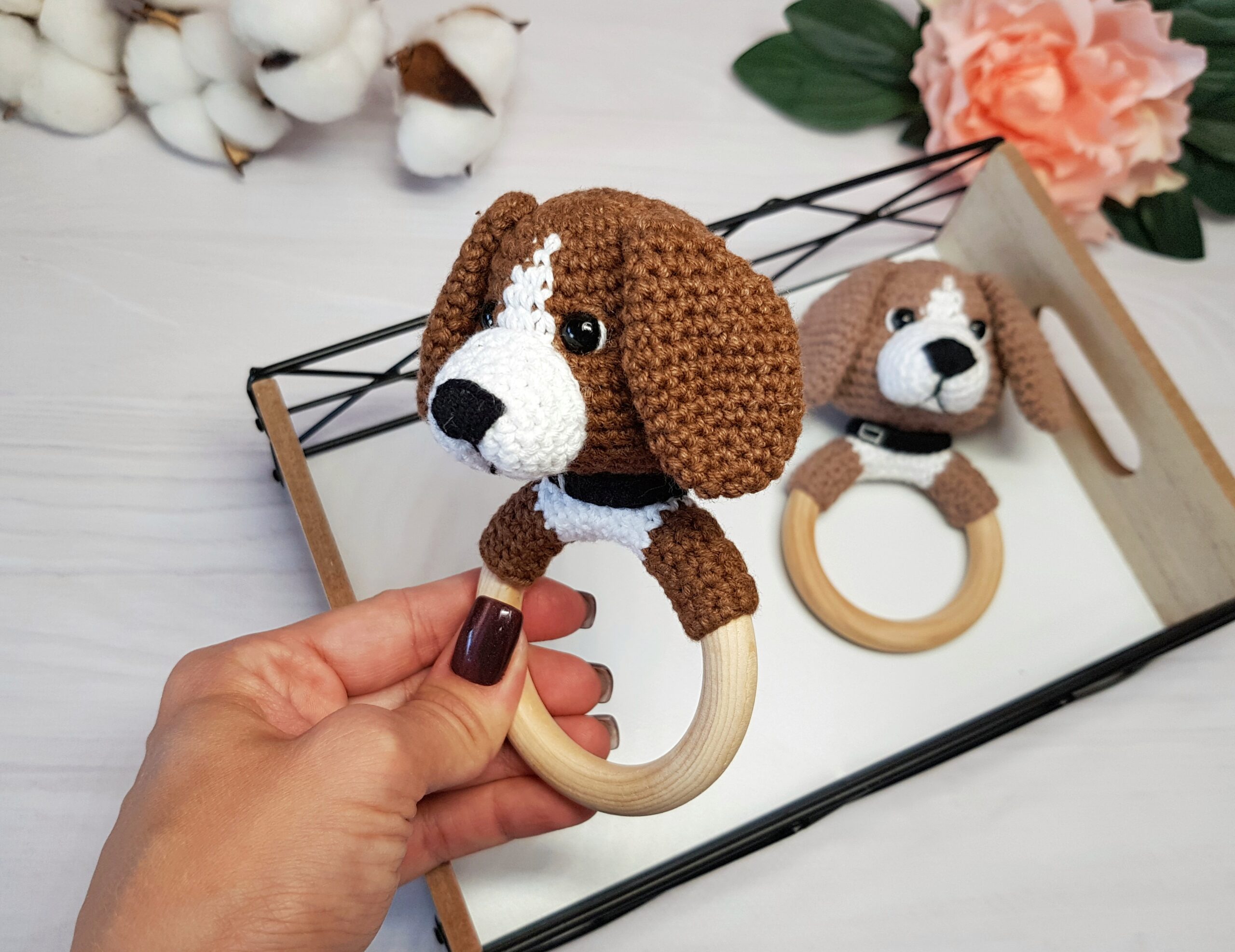 Crochet pattern baby rattle amigurumi dog Beagle
