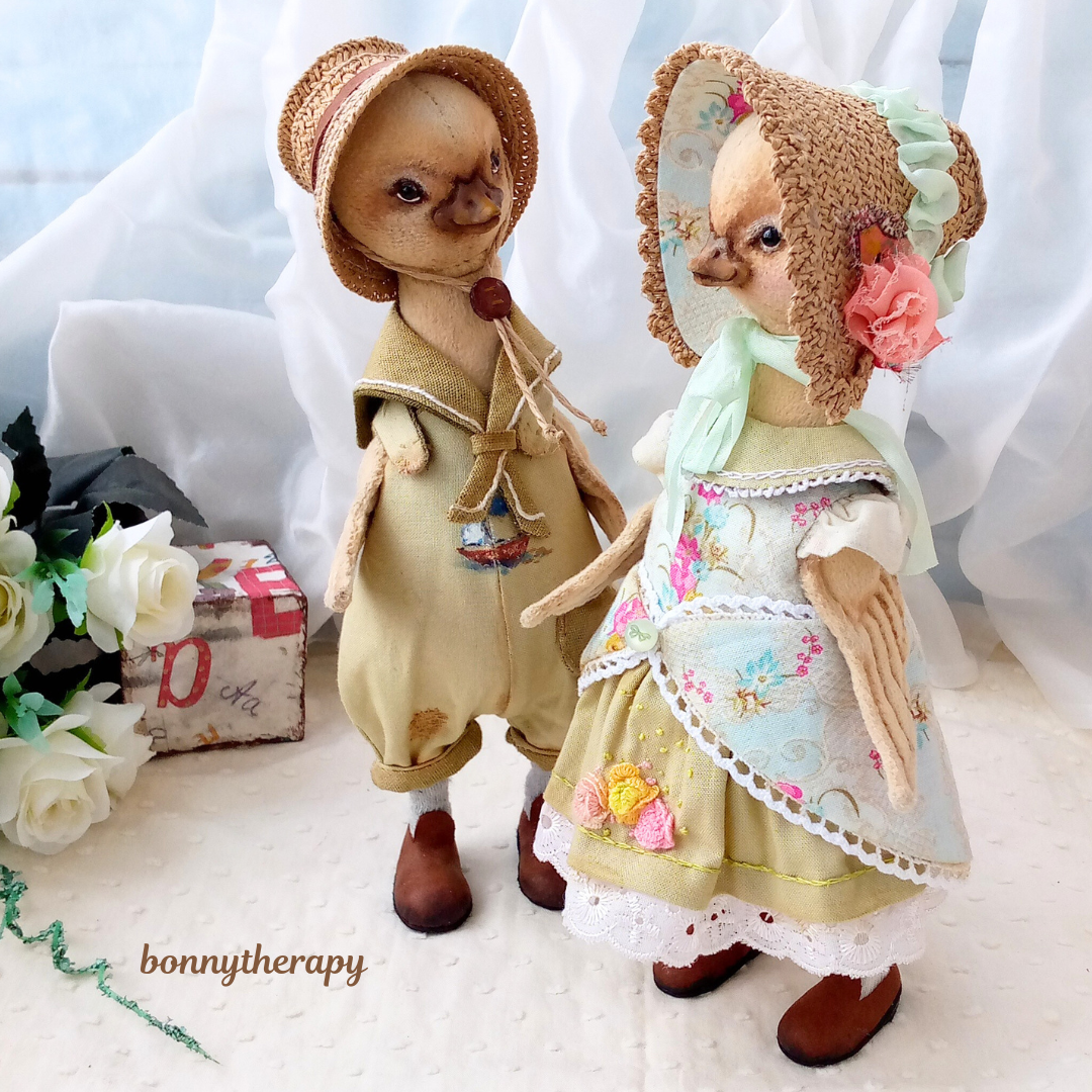 Cute teddy duckling in clothes, duck art doll