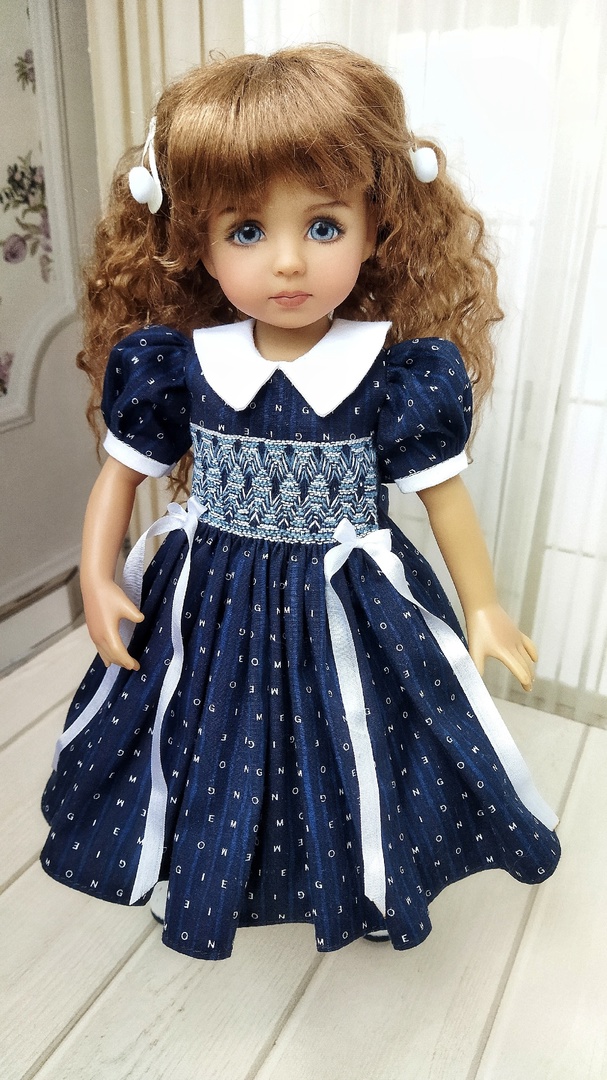 Dark blue smocked dress with bargello embroidery - DailyDoll Shop