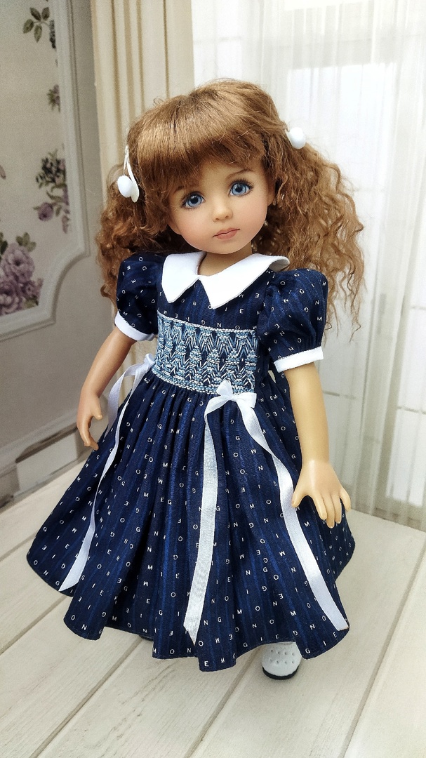 Dark blue smocked dress with bargello embroidery - DailyDoll Shop