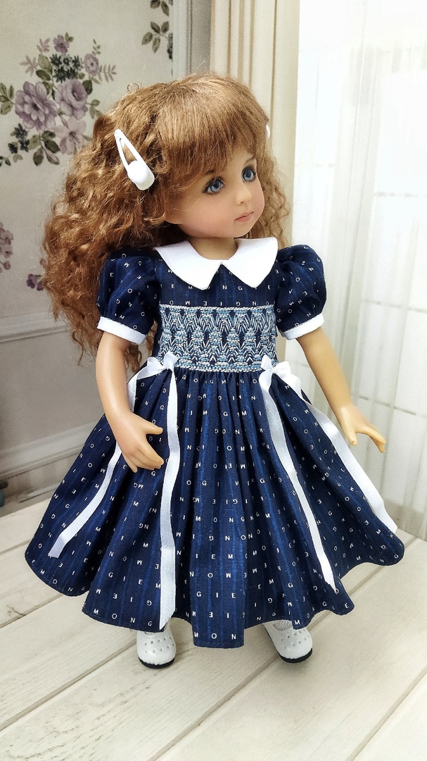 Dark blue smocked dress with bargello embroidery - DailyDoll Shop