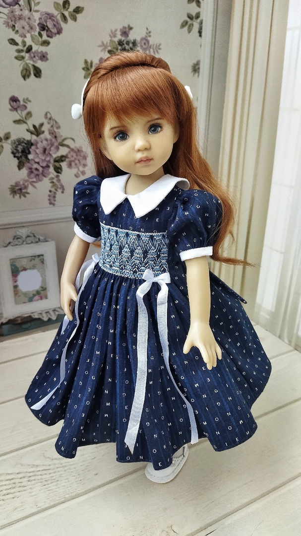 Dark blue smocked dress with bargello embroidery - DailyDoll Shop