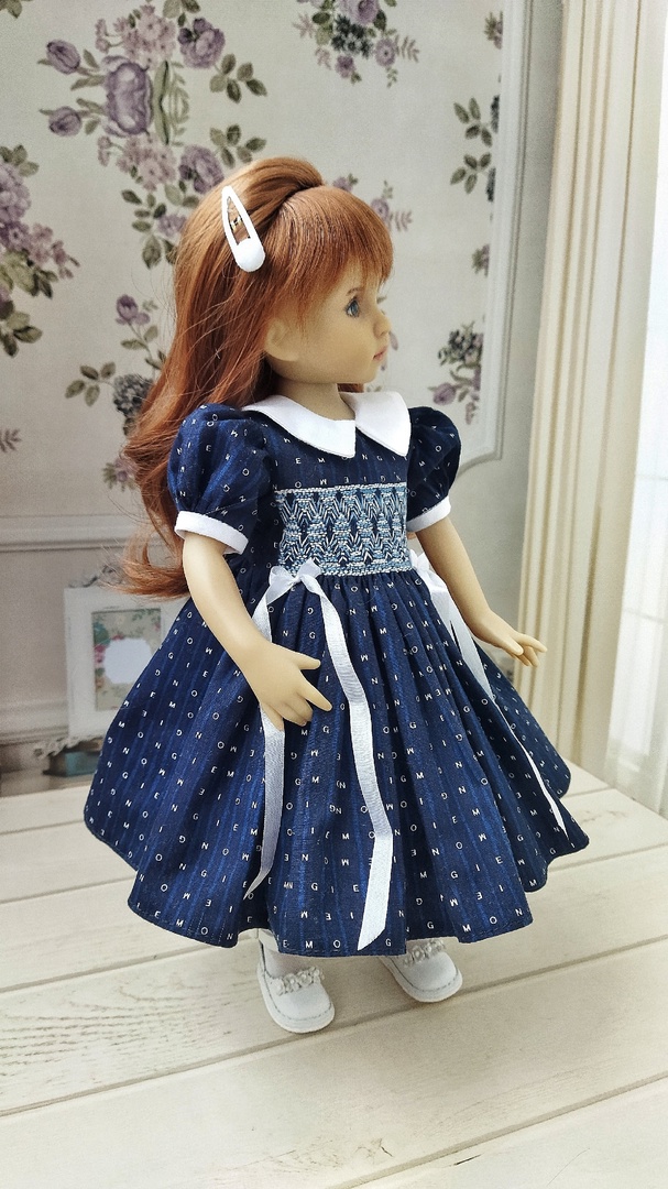 Dark blue smocked dress with bargello embroidery - DailyDoll Shop