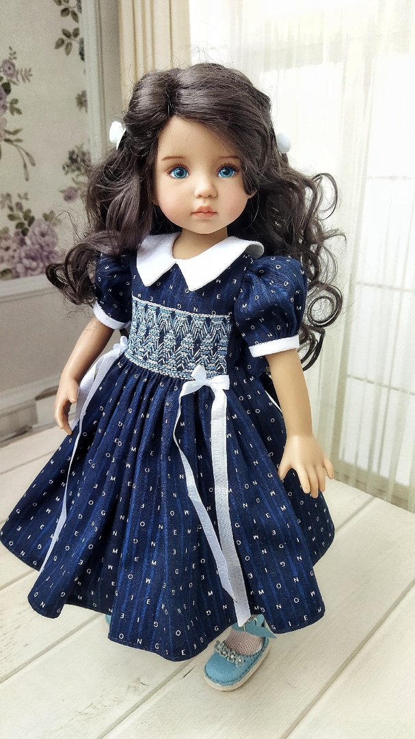 Dark blue smocked dress with bargello embroidery - DailyDoll Shop