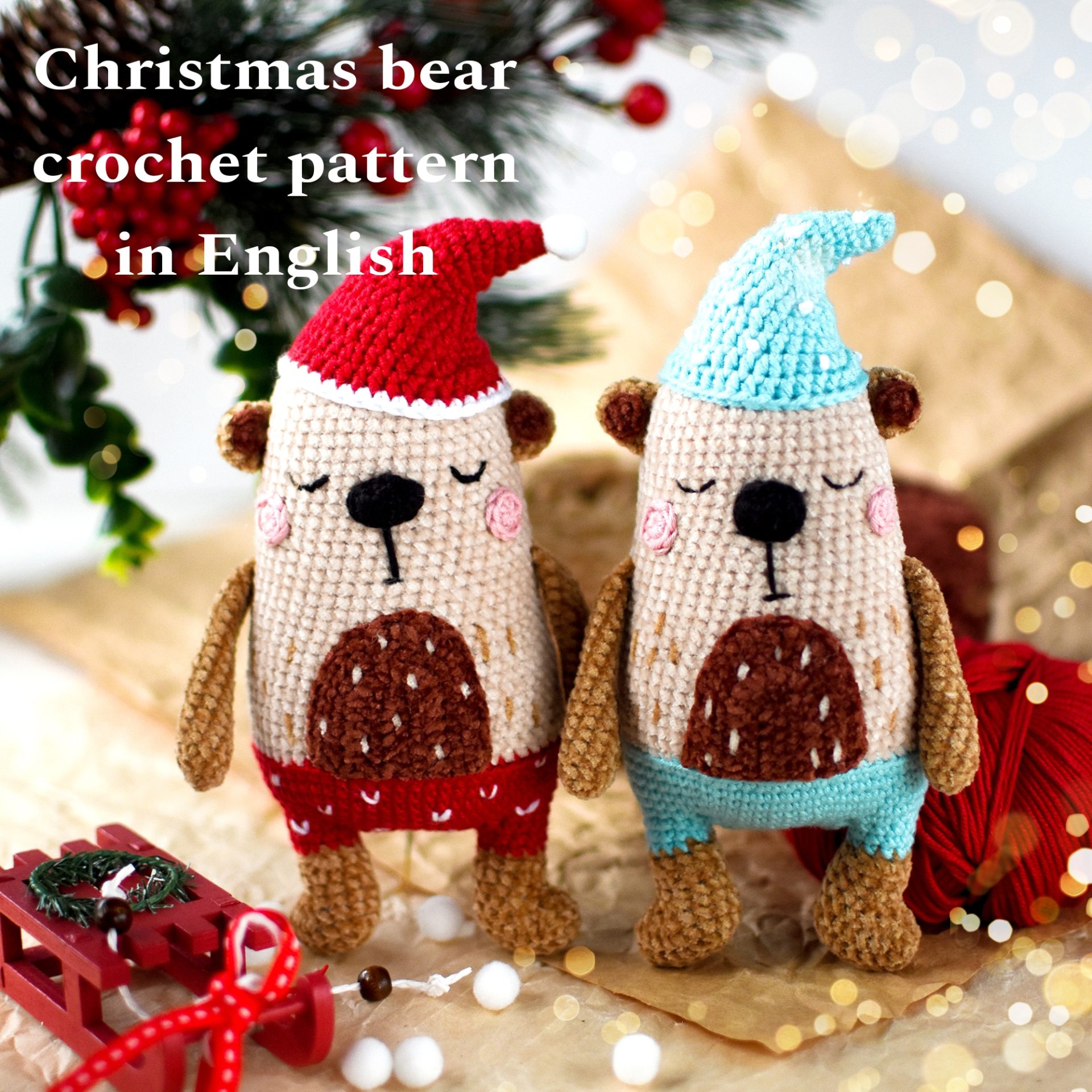 Crochet pattern polar bear, Christmas pattern teddy bear
