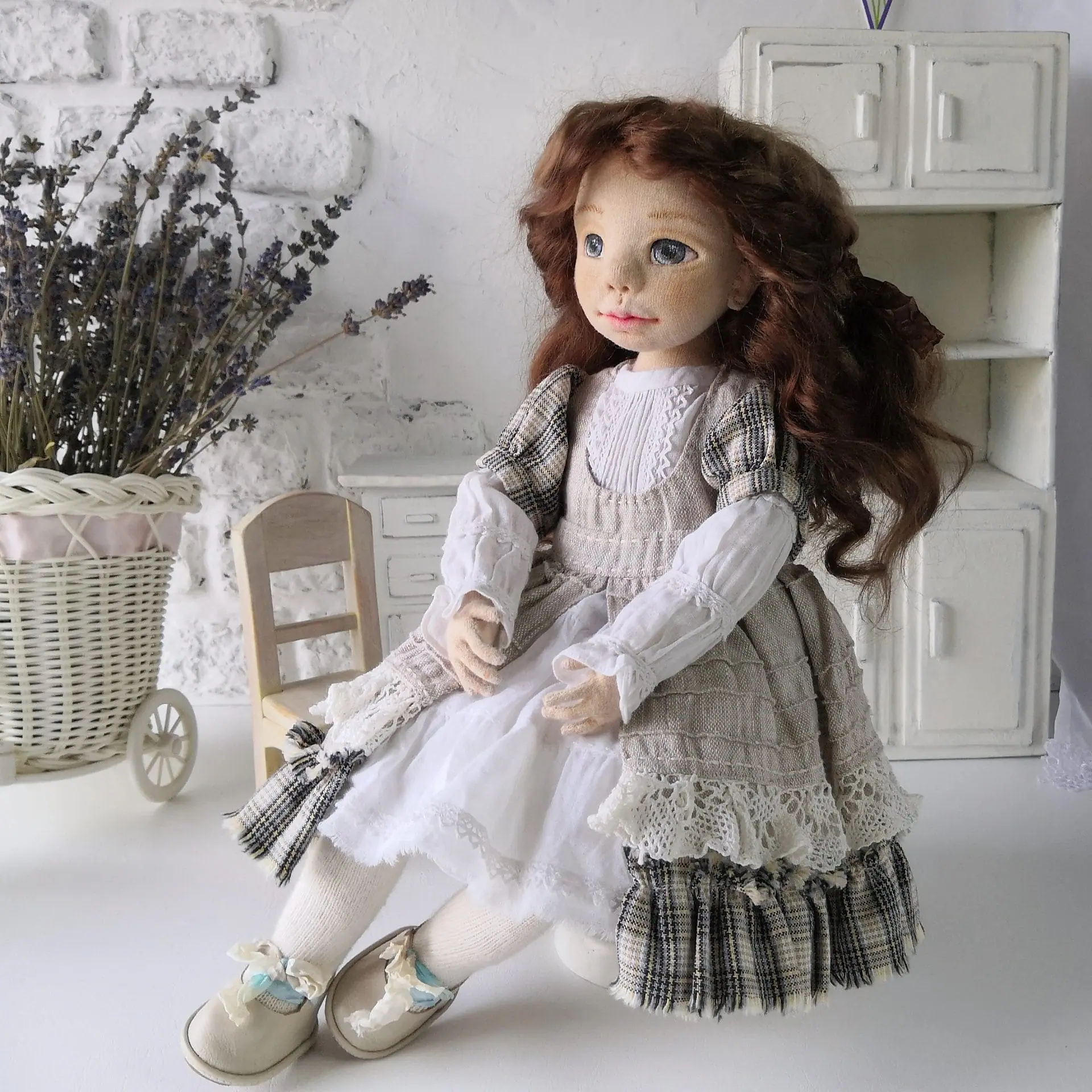 Artistic doll. Handmade doll with brown hair. Rag doll