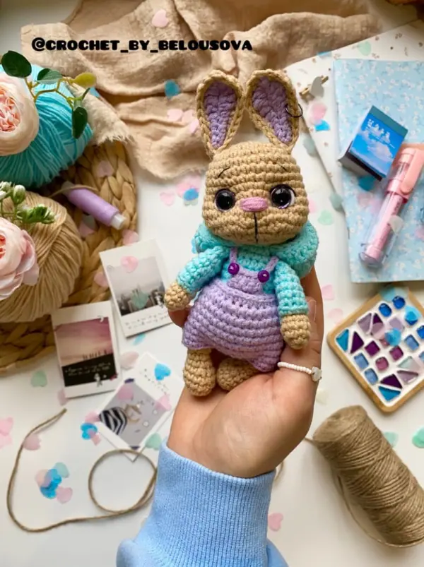 Crochet Hunney Bunny in a purple rompers - DailyDoll Shop